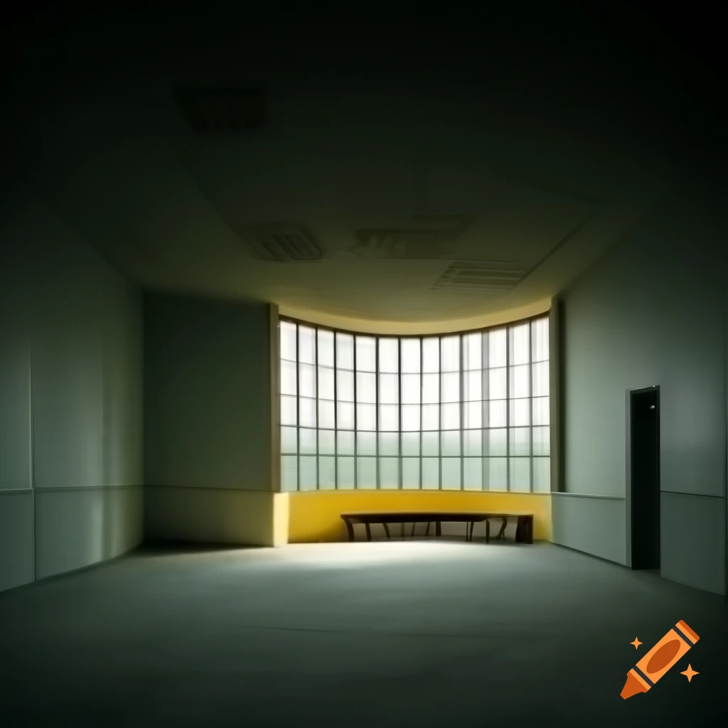 Eerie liminal interior space with glass walls in analog horror style on ...