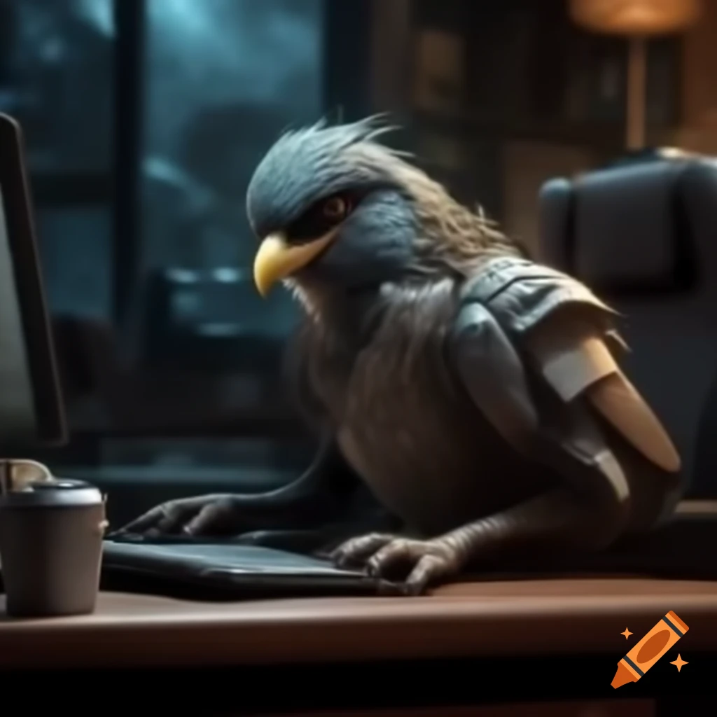 Bird interacting with Alan Turing's computer in a whimsical scenario on ...