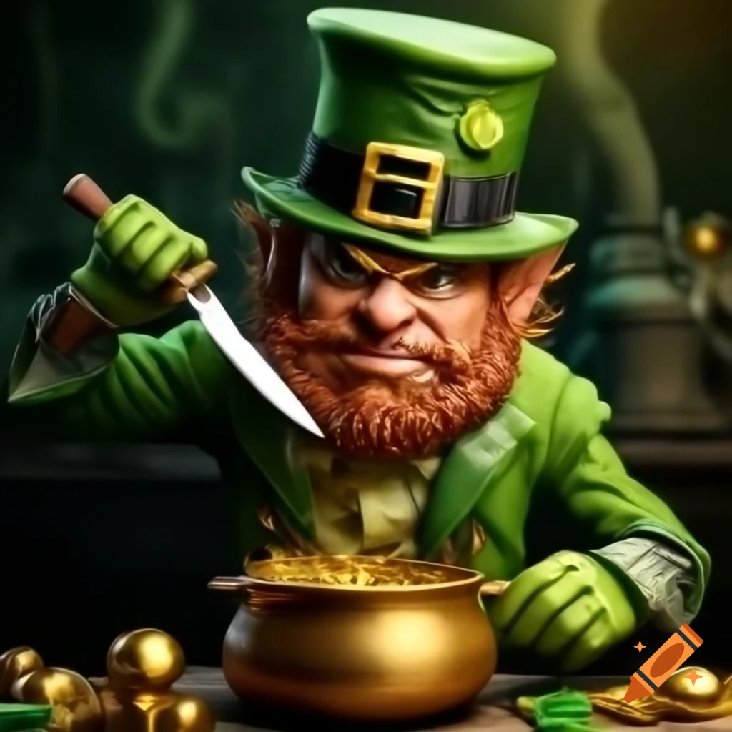 Grumpy leprechaun guarding pot of gold with a knife on Craiyon