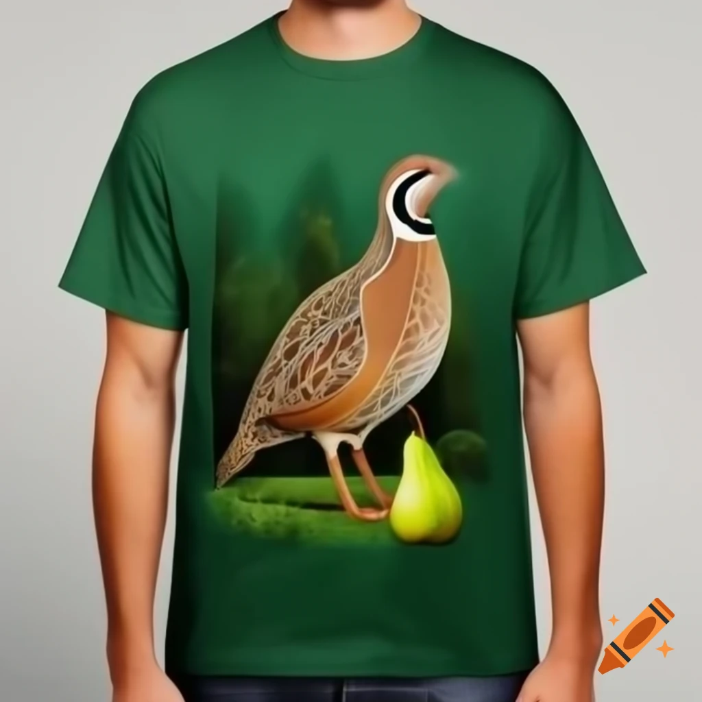 Realistic illustration of partridge in forest green t-shirt with pear ...