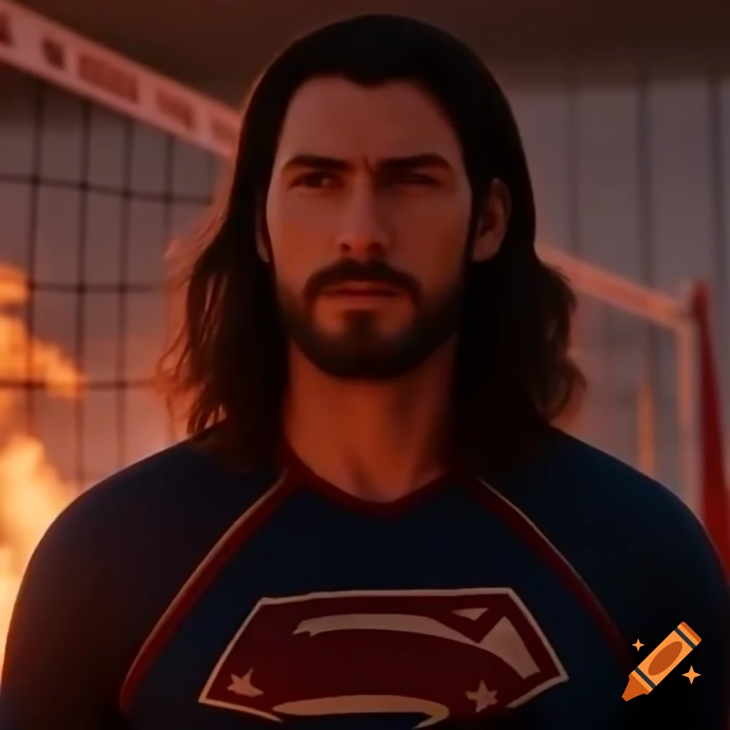 Superhero volleyball coach with long hair, flames, volleyball, and net ...
