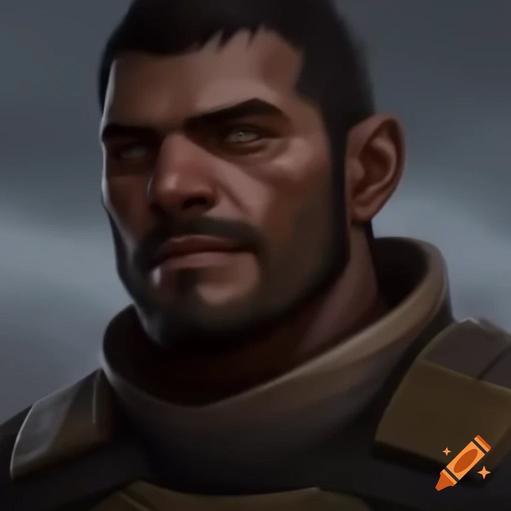 Young armored man with tan skin and rugged face on guard duty, wearing ...