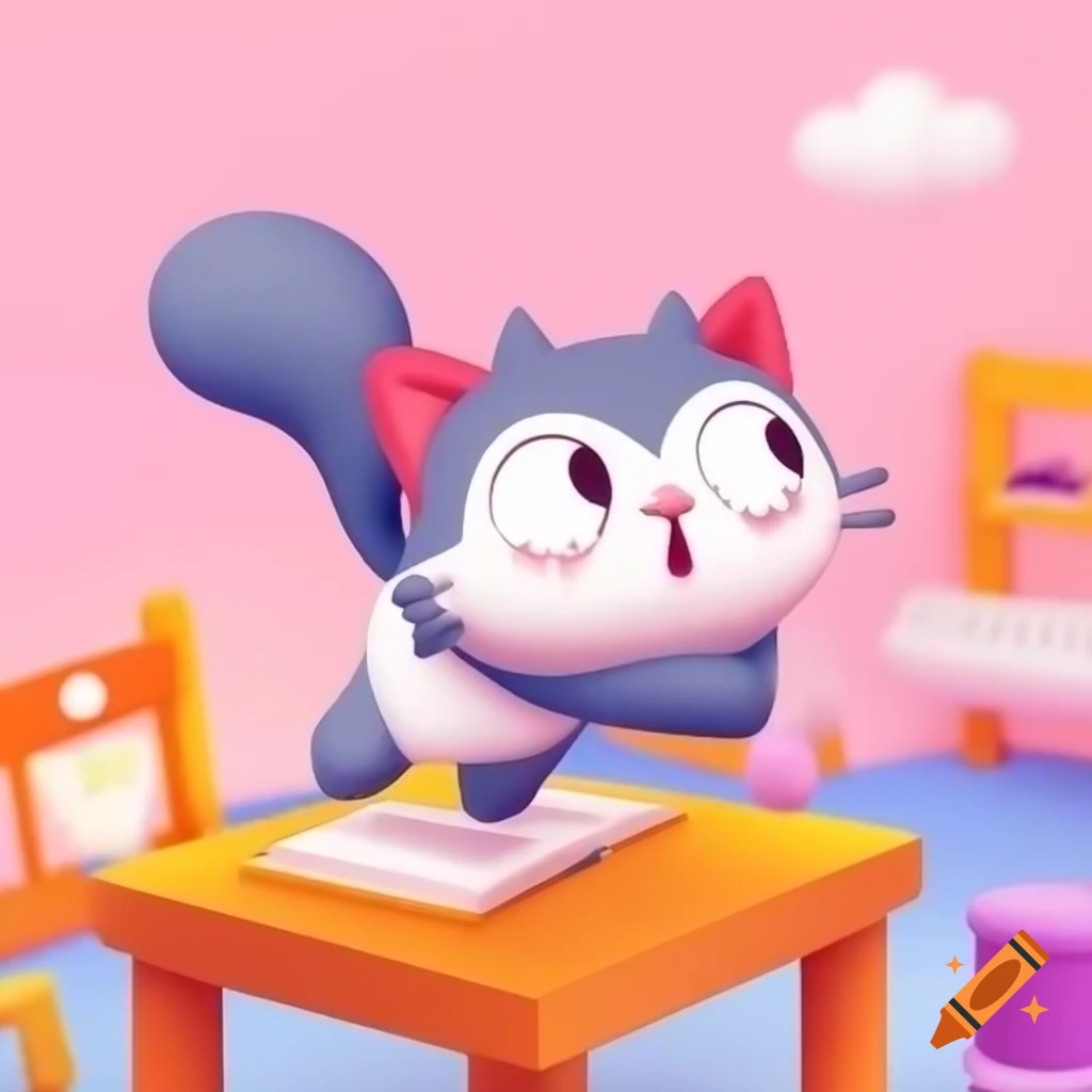 Cartoon cat jumping onto table in playful pose, children's book ...