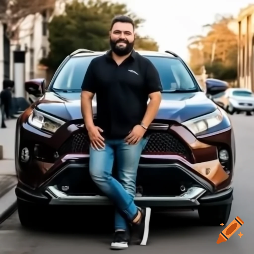 Happy man with beard next to black Toyota RAV4 on city street ...