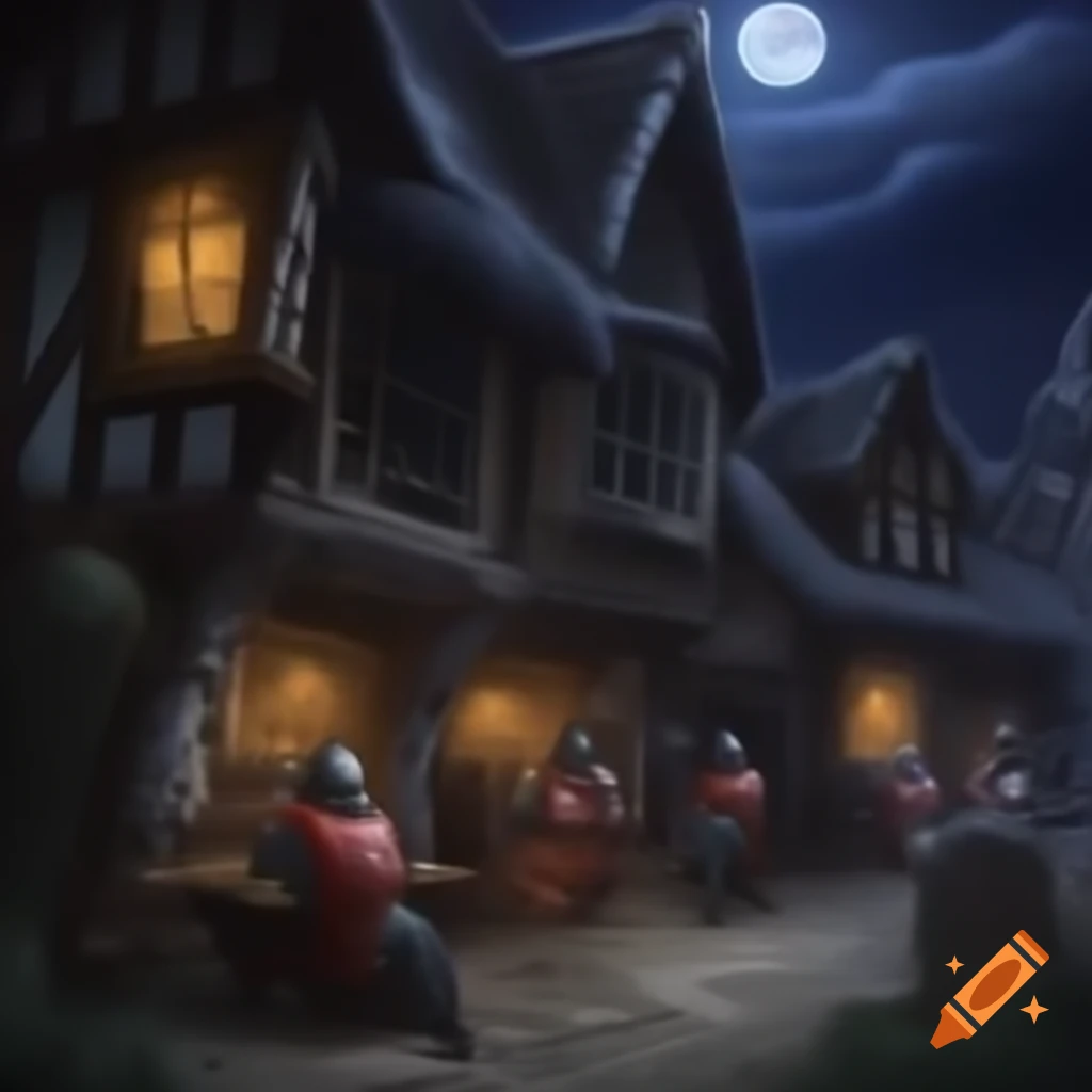Medieval tavern in moonlit village with knights enjoying ale on Craiyon
