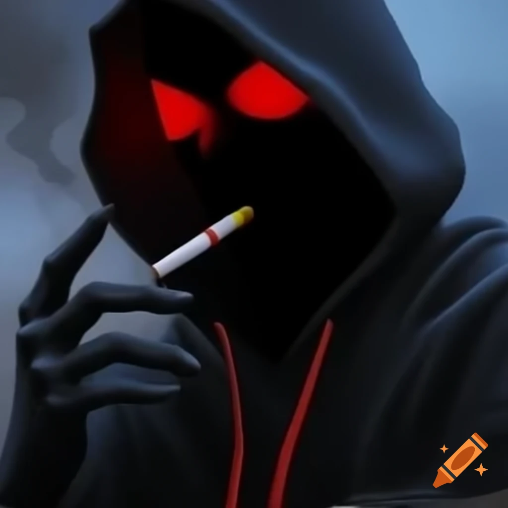 Mysterious black hooded figure with red accents and cigarette on Craiyon