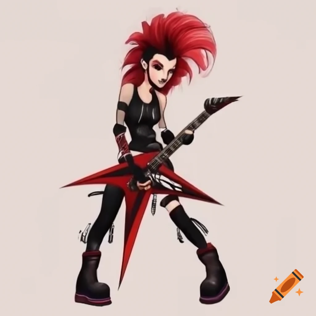 Epic anime-style female rock guitarist with red and black Mohawk on Craiyon