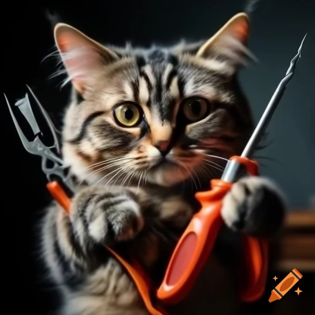 Cat holding combination pliers and screwdriver in a realistic photo on ...