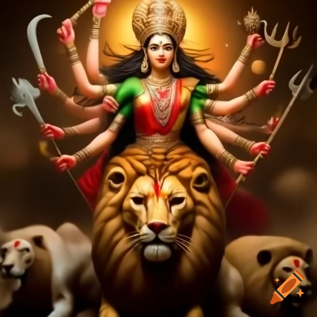 Hindu goddess Durga with ten arms, holding weapons and riding a lion in traditional Indian style ...
