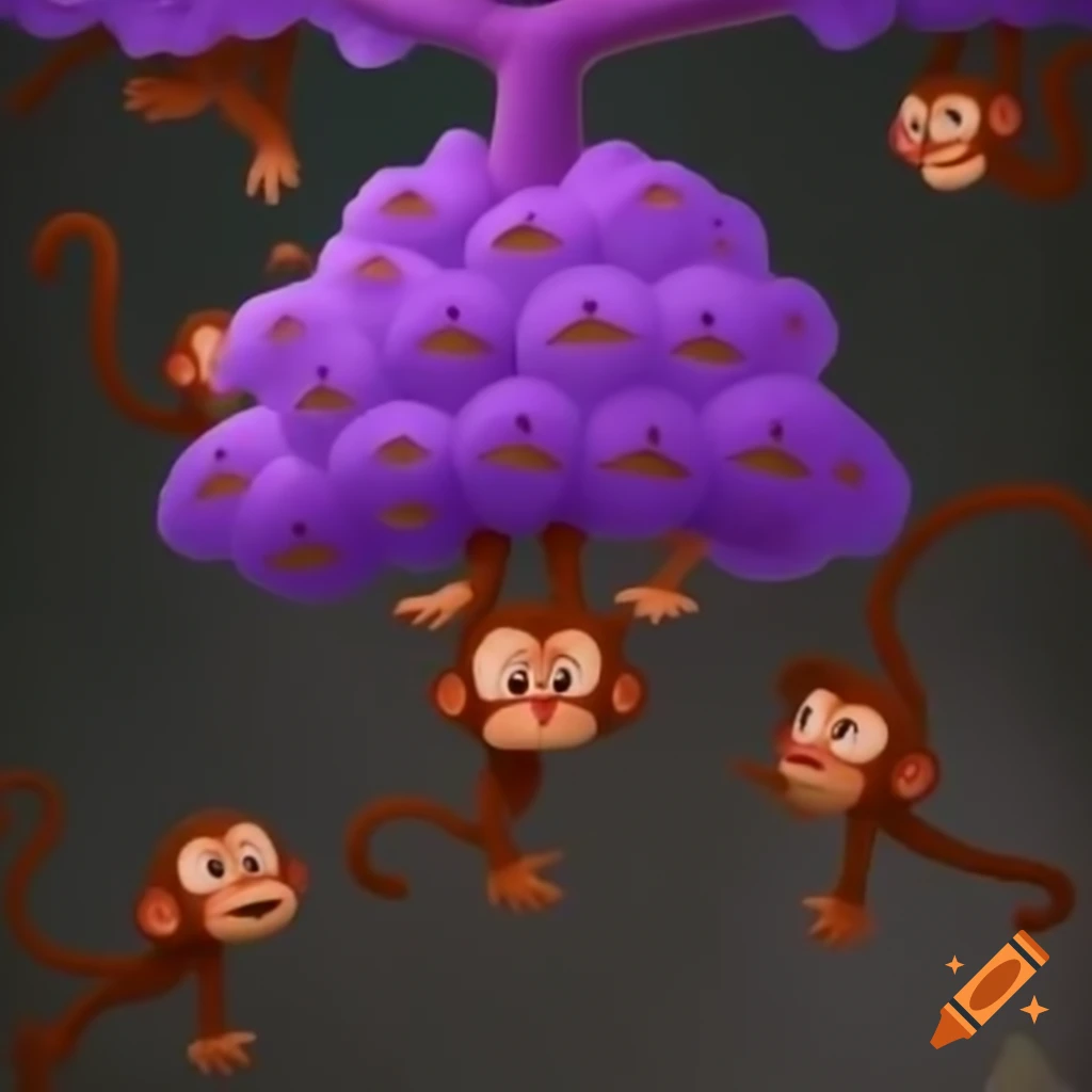 Purple peach tree with playful monkeys hanging from branches on Craiyon