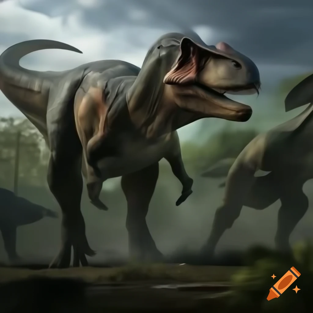 Battle between two dinosaur hybrids, showcasing unique blends of ...