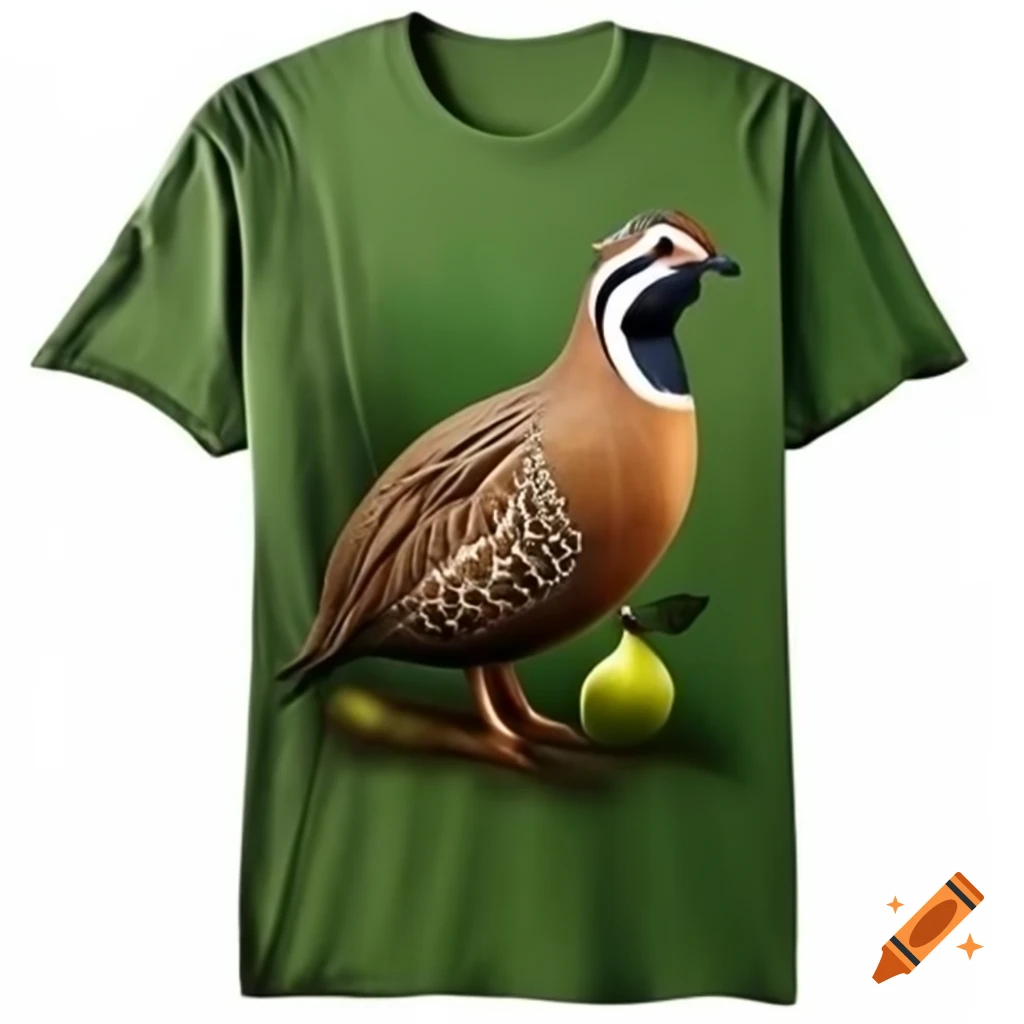 Realistic illustration of partridge in forest green t-shirt with pear ...