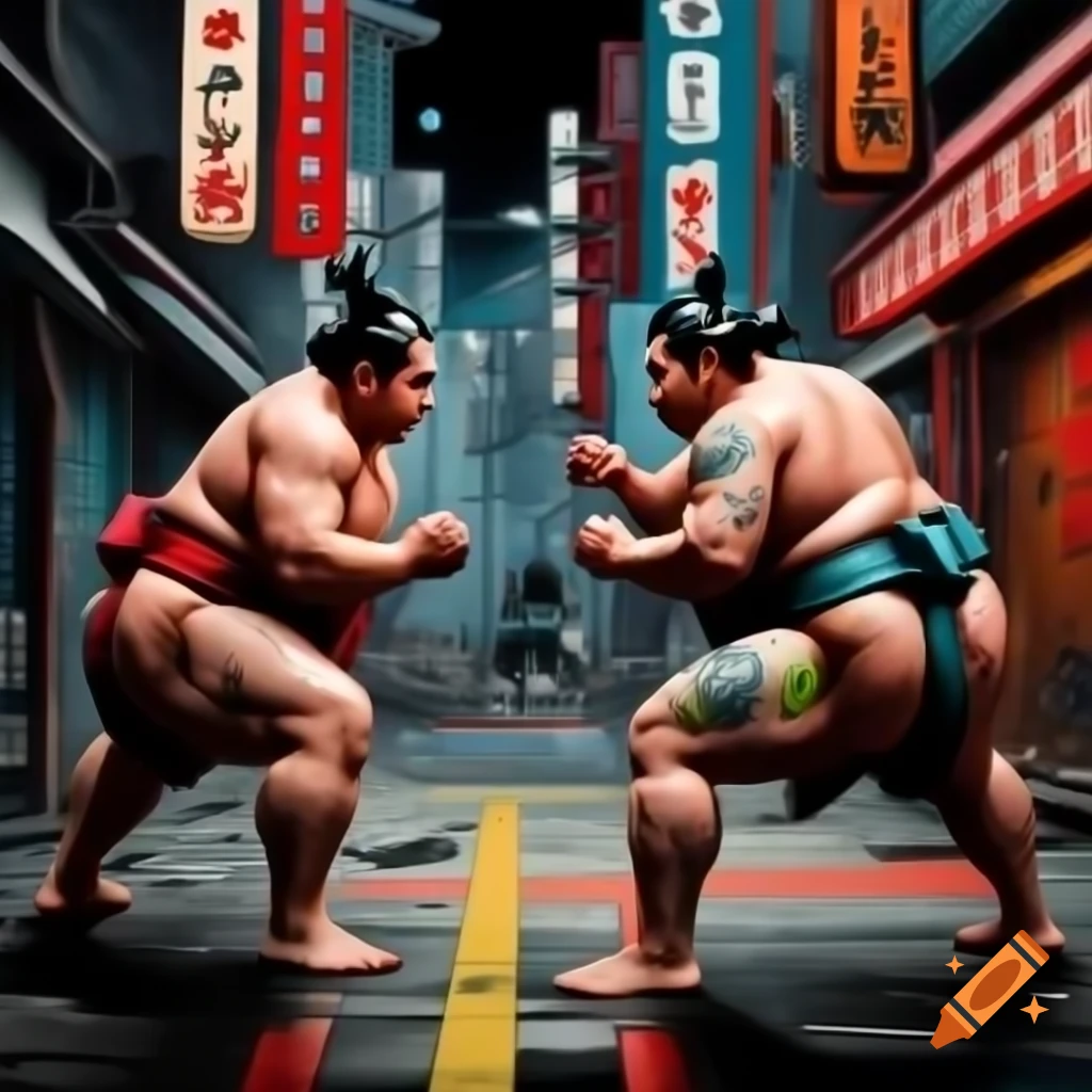 Modern ukiyo-e woodblock print of sumo fighters in neon MMA gloves and ...