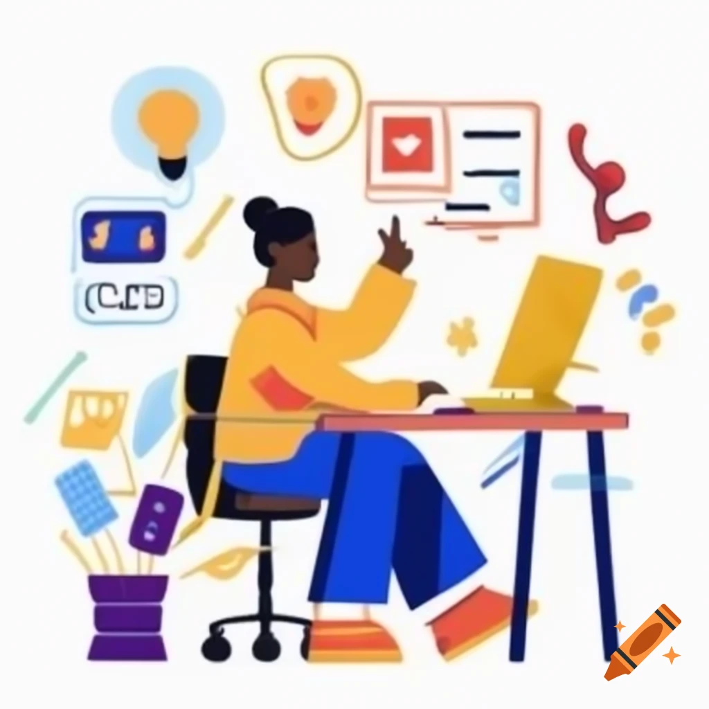 2D illustration of a person at a cluttered computer desk with design ...