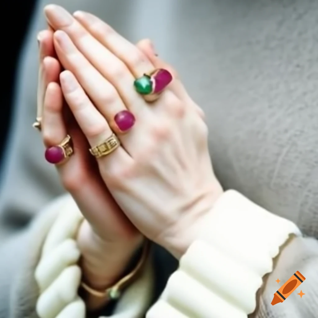 White hands in prayer surrounded by ruby, sapphire, and emerald rings ...
