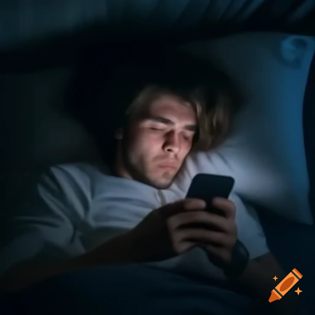 Sleepy young man in bed with phone and notification under dim light on ...