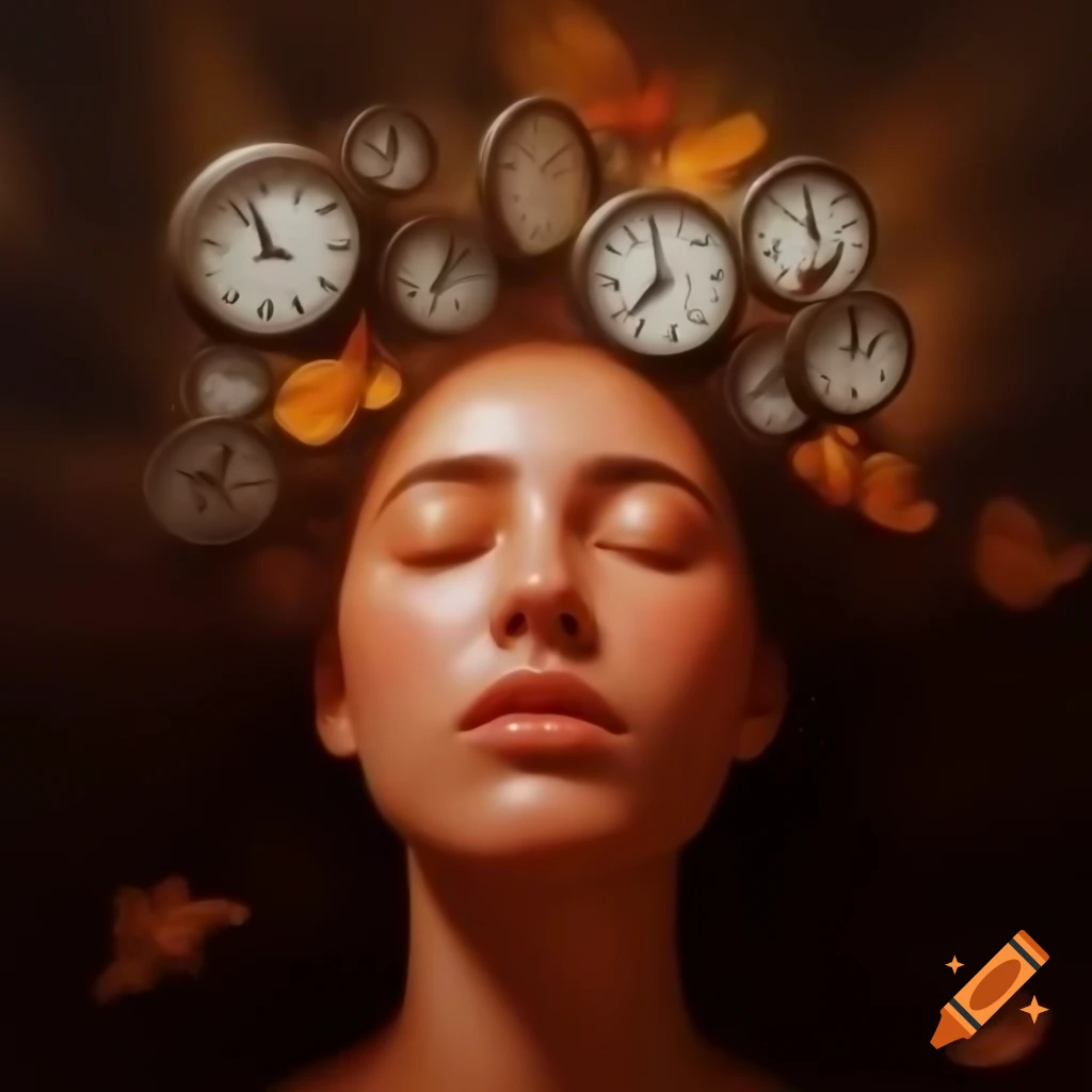 Surreal close-up portrait of a peaceful person with blooming tree ...