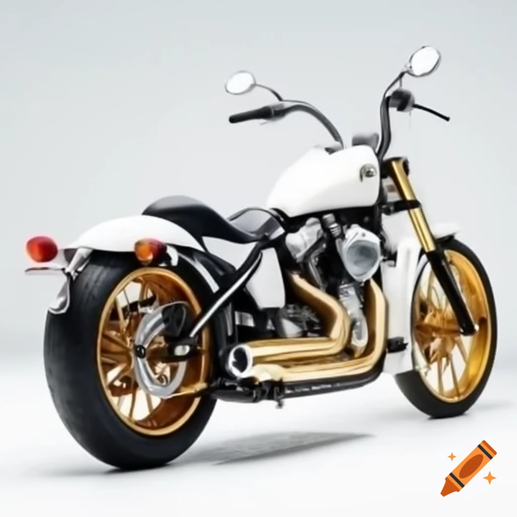 White motorcycle chopper with gold wheels and black exhaust on Craiyon