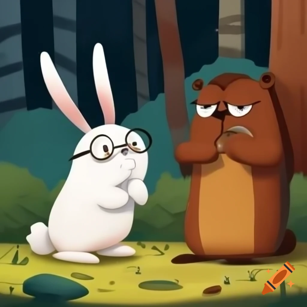 Thoughtful white cartoon rabbit with glasses beside crying cartoon ...