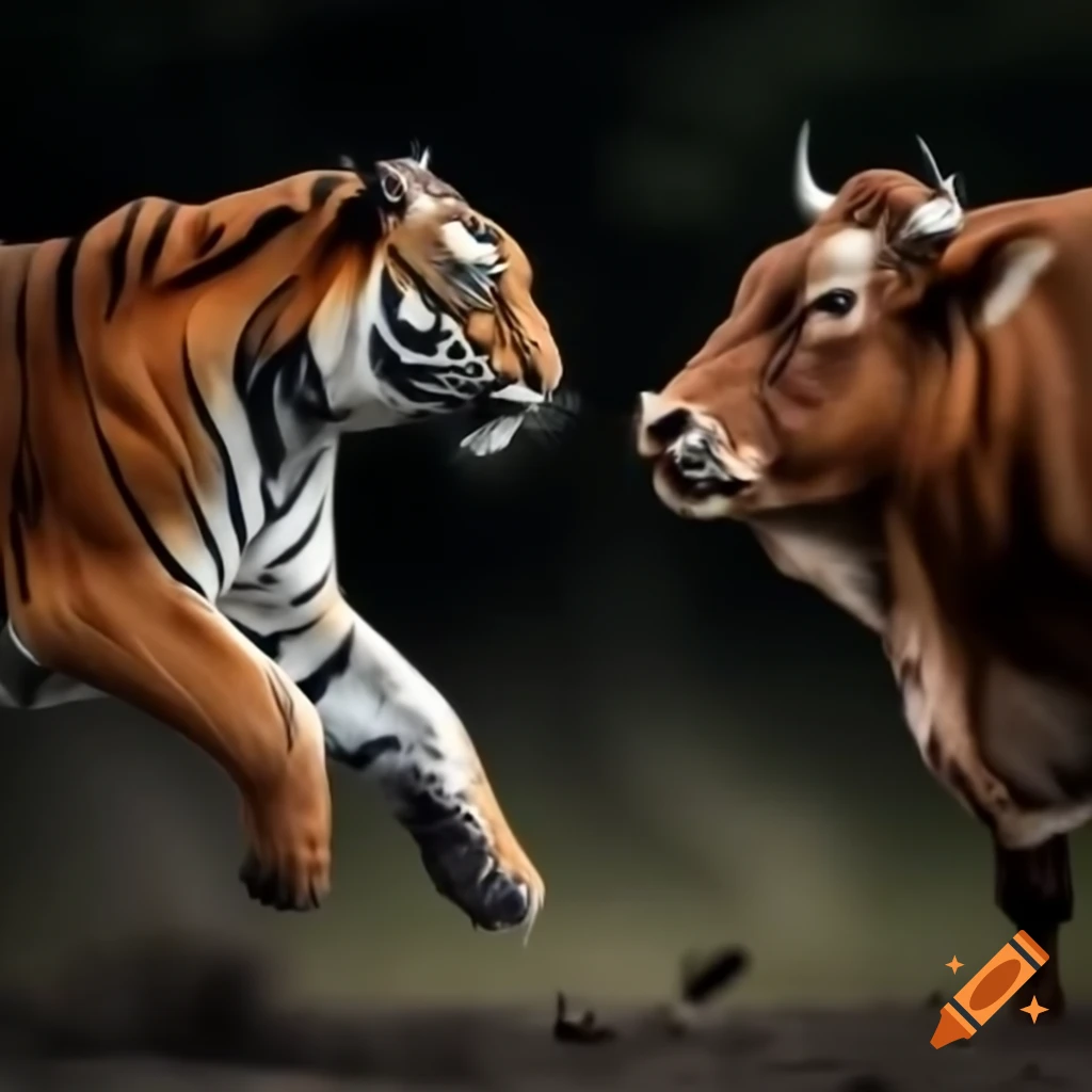 Dramatic contrast between tiger and cow in an artistic interpretation ...