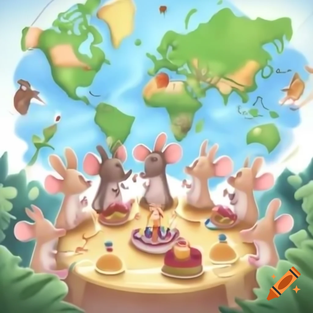 Group of mice celebrating birthday party in front of world map on Craiyon