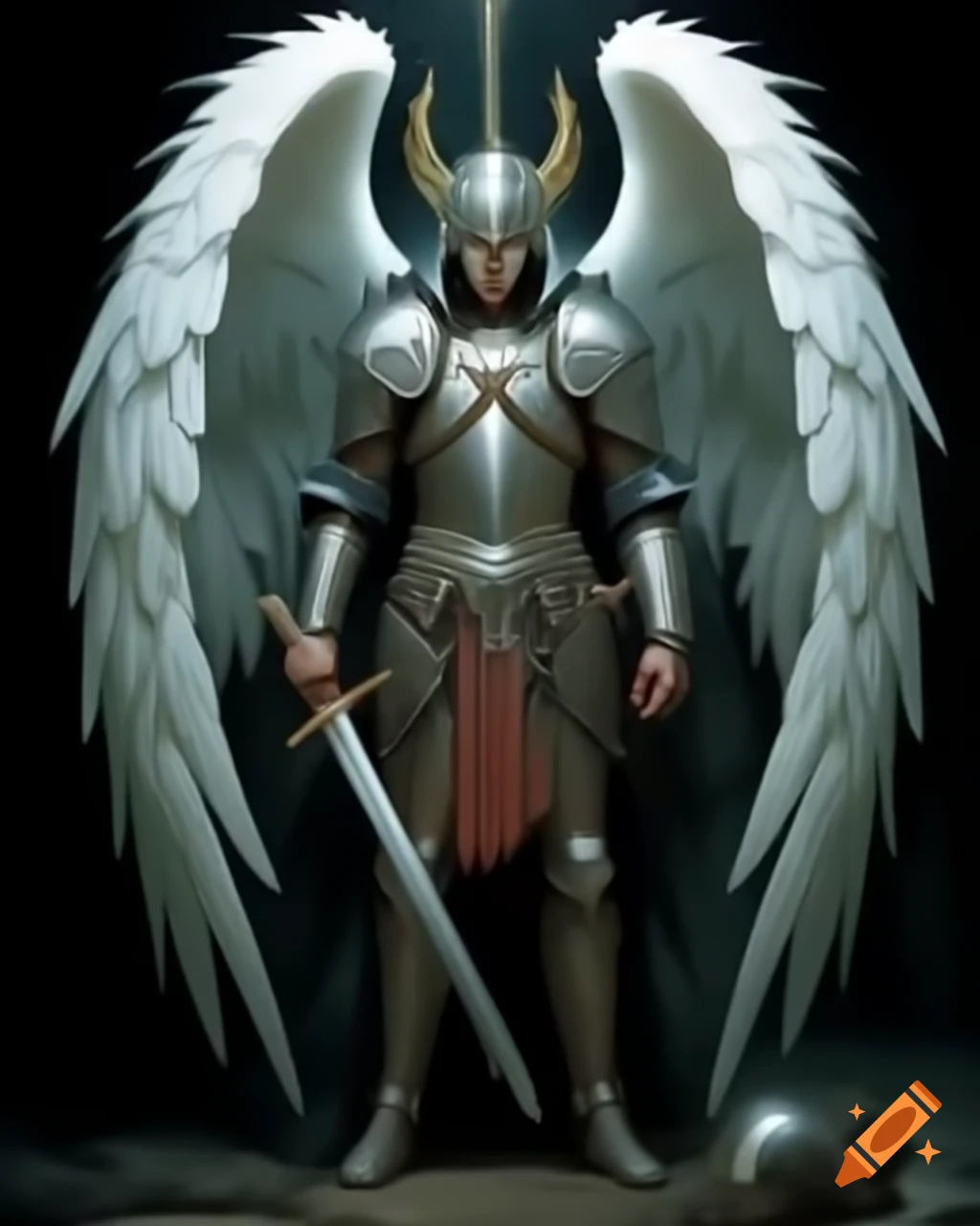Warrior angel in silver armor with white wings holding a sword on Craiyon