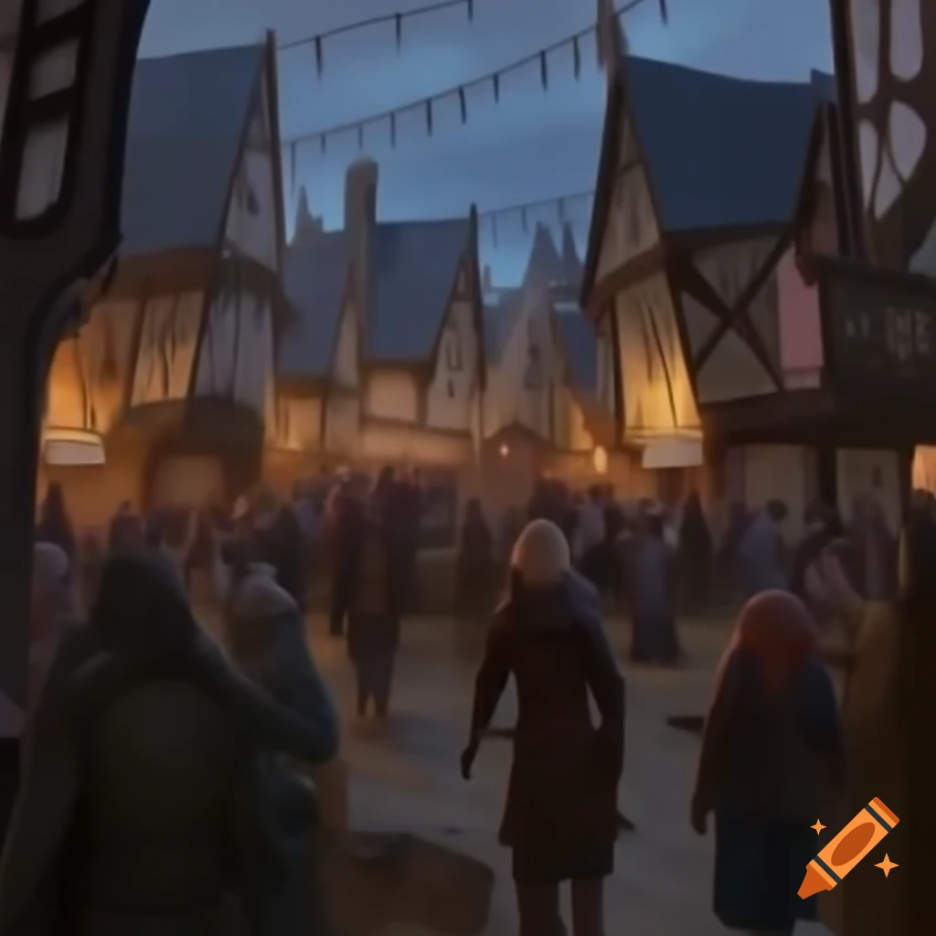 DND festival in town square with banners, glowing lights, and bustling ...