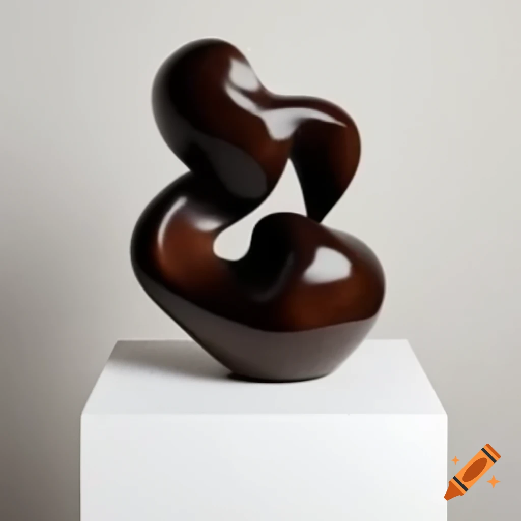 Glossy abstract sculpture made of black walnut wood on white pedestal ...