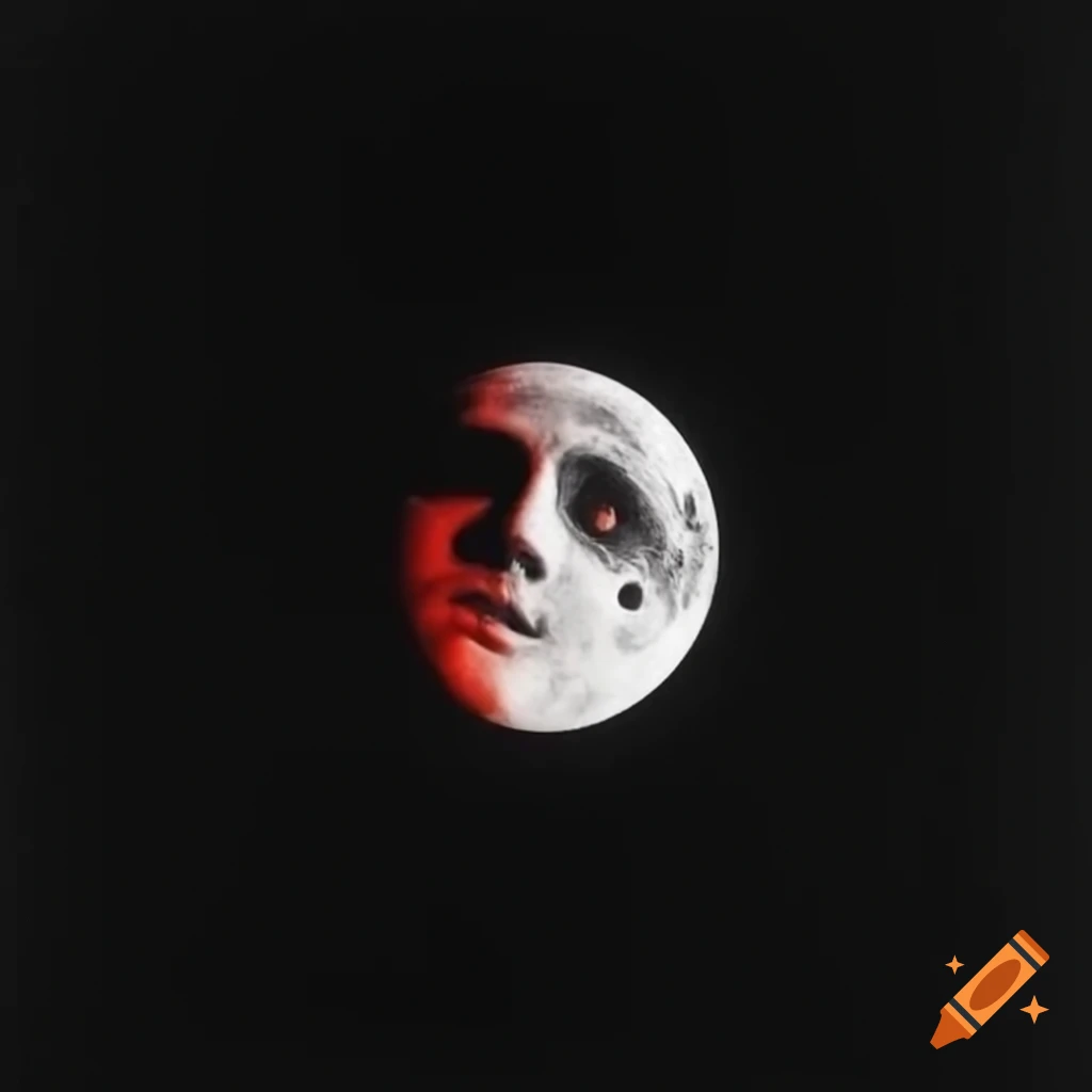 Vintage moon face with one eye crying blood, dark sky in black and ...