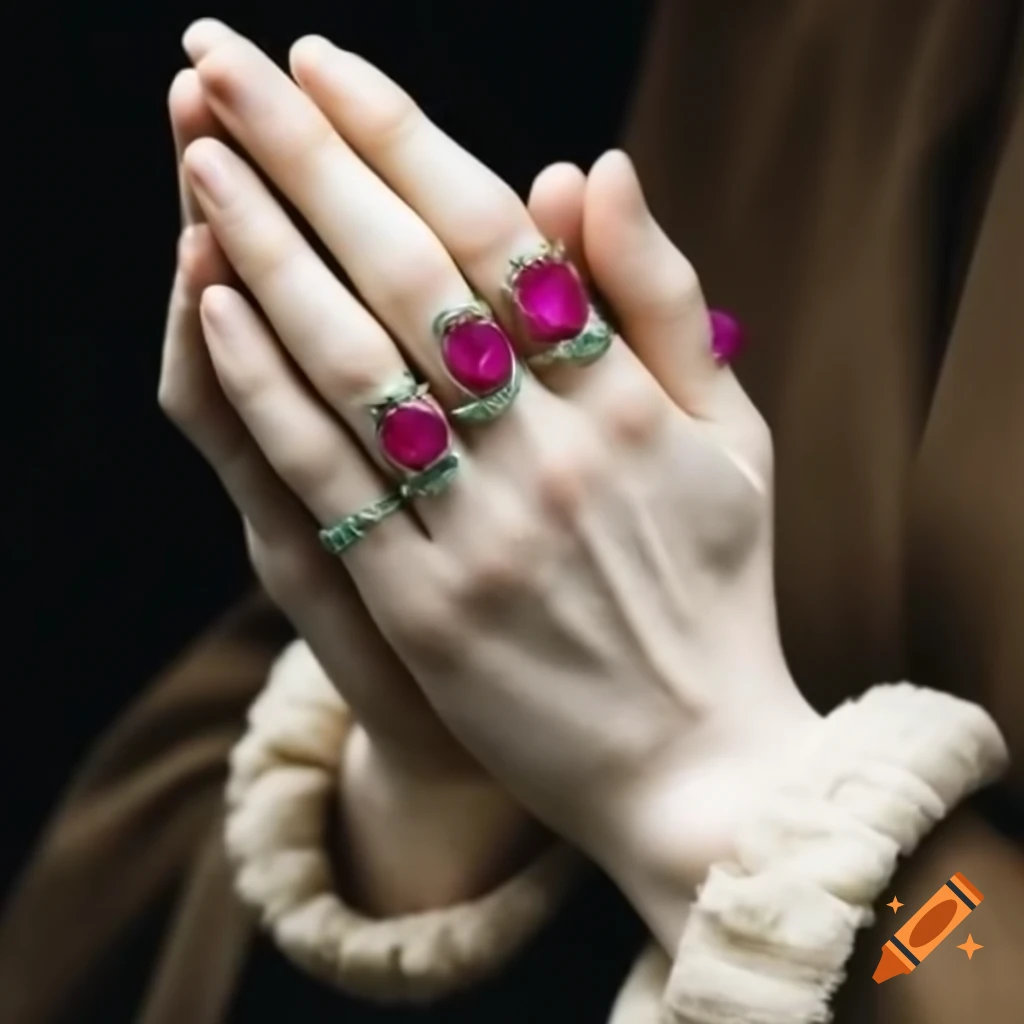 White hands in prayer surrounded by ruby, sapphire, and emerald rings ...