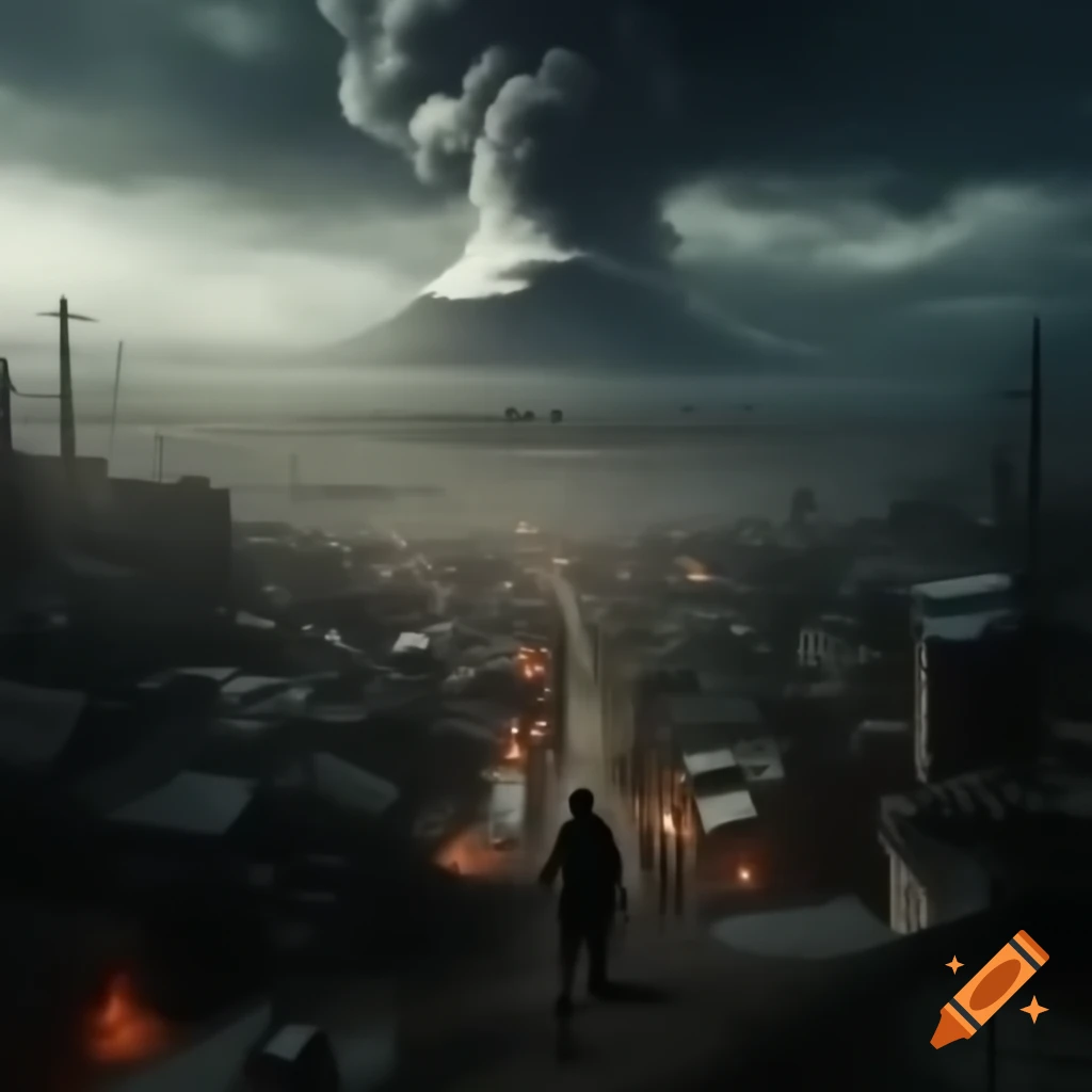 Aerial view of city covered in volcanic ash and mud with dark clouds ...